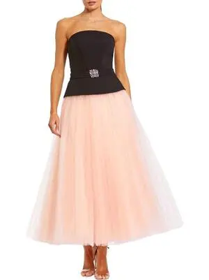 Mac Duggal Strapless Layered Tulle Midi Gown - Black Pink
