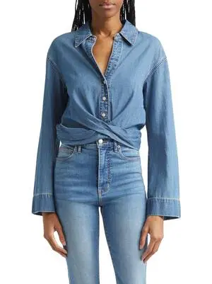 Veronica Beard Timothy Crop Twist Denim Shirt - Ripple Haze