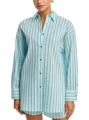 Staud Kendy Striped Cotton-blend Shirt - Pool Stripe