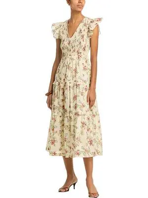 Aqua Floral Smocked Midi Dress - Ivory Multi