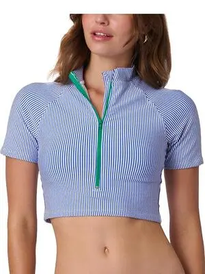 Shoshanna Striped Short Sleeve Rashguard Swim Top - French Blue/optic