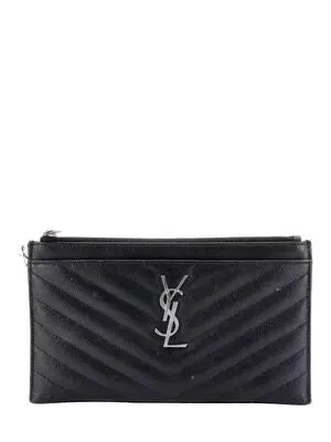 Saint Laurent Classic Monogram Zip Bill Matelasse Chevron Leather Medium Pouch - Black