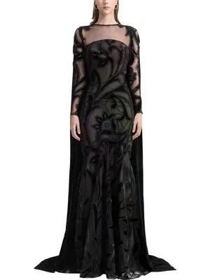 GEMY MAALOUF Floral-embroidery Cape Maxi Dress - Black