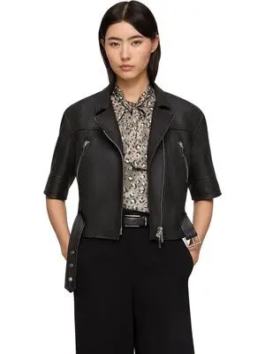 Lafayette 148 New York Full Grain Leather Short Sleeve Moto Jacket - Black