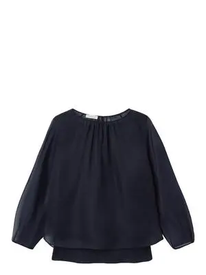 Lafayette 148 New York Silk Organza Long Sleeve Blouse - Blue Ink