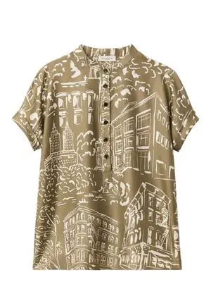 Lafayette 148 New York Landmarks Print Silk Twill Henley Blouse - Khaki Green Multi