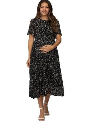 PINKBLUSH Floral Pleated Chiffon Midi Dress - Black