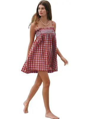 DAMSON MADDER Lilo Smocked Mini Swing Dress - Blue / Red Gingham