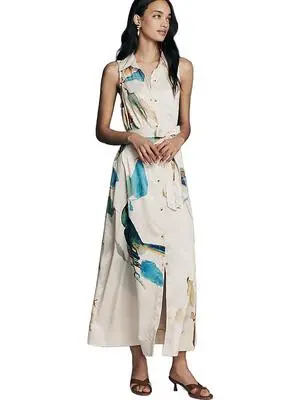 Maeve Maeve X Raven Roxanne Mona Silken Sleeveless Belted Shirt Dress Blue Pattern