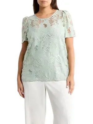 Anne Klein Lace Top With Puff Sleeves - Soft Aloe