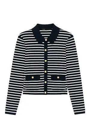 Maje Striped Polo-collar Knitted Cardigan - Navy