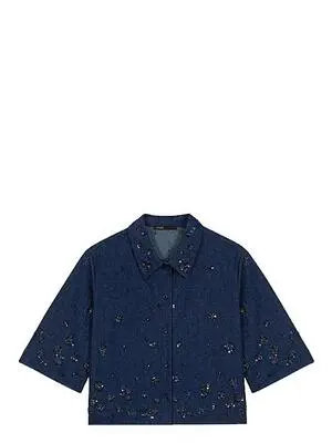Maje Bead-embellished Cropped Denim Shirt - Navy