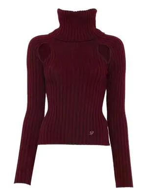 Blumarine Turtleneck Ribbed Knit Sweater - Red