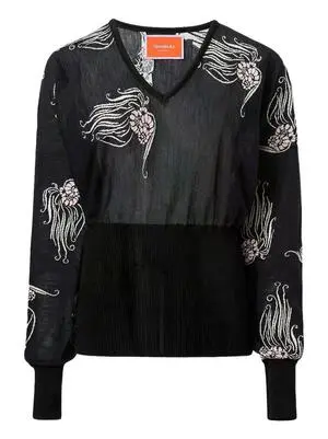 La DoubleJ Floral Print V-neck Sweater - Black