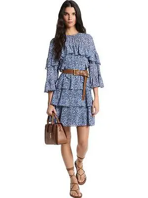 Michael Kors Floral Print Georgette Ruffle Mini Dress - Blue