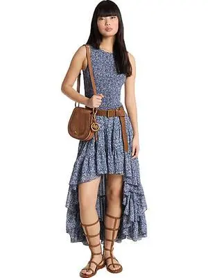 Michael Kors Smocked Floral Print High-low Georgette Dress - Blue