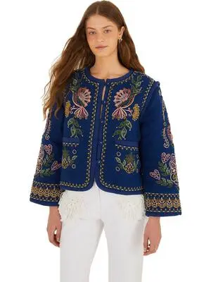 Farm Rio Embroidered Richelieu Jacket - Dark Blue