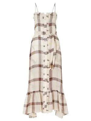 Lisa Marie Fernandez Belted Embellished Tiered Ruffled Checked Linen-blend Gauze Maxi Dress - Multi
