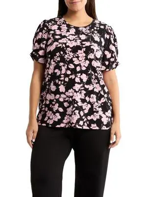 Anne Klein Printed Pleat Short Sleeve Top - Anne Black/peony Pink