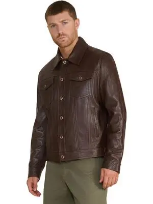 FURNIQ UK Oliver Leather Trucker Jacket - Cognac Brown