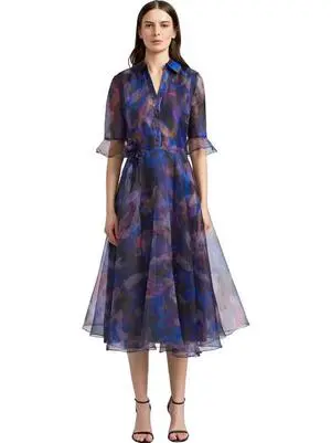 Theia Colette Printed Organza Shirt Dress - Shadow Aura