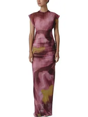 DE LORETA Melodi Cap Sleeve Mesh Maxi Dress - Velada Rosa Print