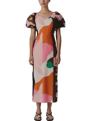 DE LORETA Puff Sleeve Midi Dress - Teko Print