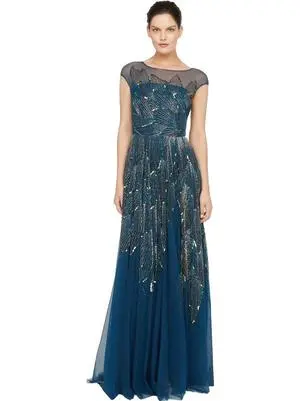 Theia Ava Beaded Cap Sleeve Gown - Aquamarine