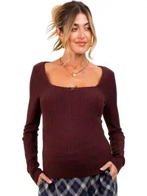 PINKBLUSH Pointelle Knit Lace Trim Top - Burgundy