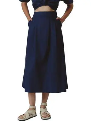 DE LORETA A-line Cotton Midi Skirt - Navy Denim
