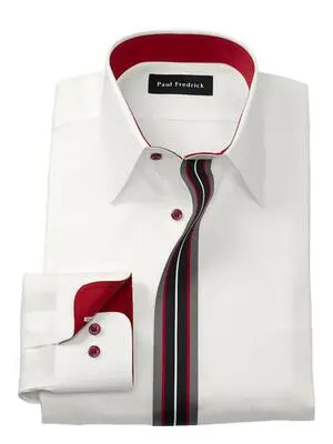 PAUL FREDRICK Tailored Fit Non Iron Point Collar Dress Shirt With Striped Trim - White/red