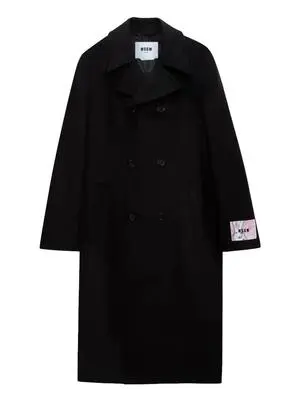 MSGM Double-breasted Coat With Logo Patch - Black