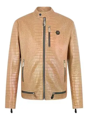 Philipp Plein Croco Print Biker Jacket - Neutrals