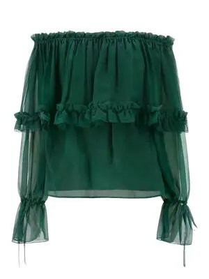 Saint Laurent Ruffled Off-shoulder Top - Green