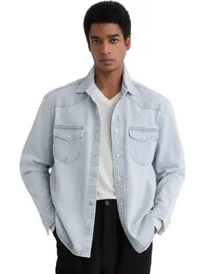 REISS Finley Washed Denim Western Overshirt - Light Acid Blue Wash