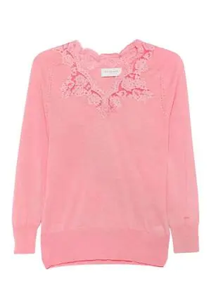 ERMANNO FIRENZE Lace-detailed V-neck Top - Pink