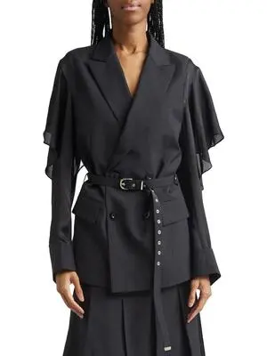 Sacai Chalk Stripe Mixed Media Belted Blazer - Black