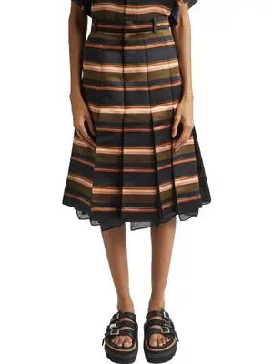 Sacai Pleated Horizontal Stripe Knee-length Skirt - Khaki/pink