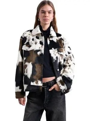Topshop Cow Print Faux Fur Trucker Jacket - Black