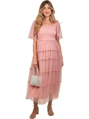 PINKBLUSH Ruffled Mesh Maternity Maxi Dress - Pink