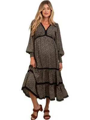 PINKBLUSH Floral Lace Trim Bubble Sleeve Maxi Dress - Black