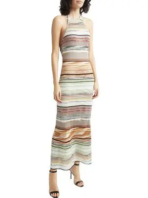 Missoni Flame Space Dye Stripe Knit Halter Neck Midi Dress - Green Brown Tones
