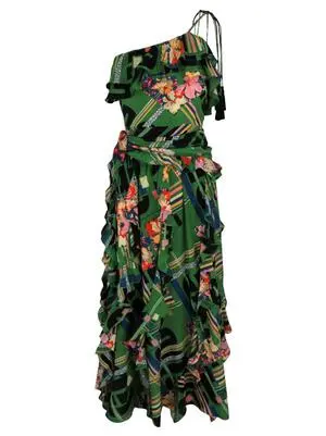 Gucci Floral Checkprint Ruffled Silkcrepe Dress - Green Black