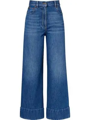 Valentino Garavani Leather-trimmed Wide-leg Jeans - Blue