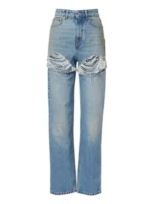AREA Distressed Embellished Wide-leg Jeans - Blue