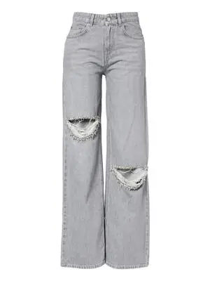 AREA Distressed Embellished Wide-leg Jeans - Grey