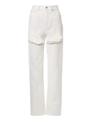 AREA Distressed Embellished Wide-leg Jeans - White