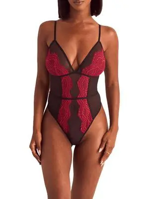 ADORE ME Sheer Lace Bodysuit - Dark Red