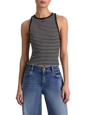 Alice + Olivia Allen Embroidered Tank - Black/off White Stripe