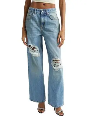 AREA Crystal Embellished Ripped Wide Leg Jeans - Medium Blue